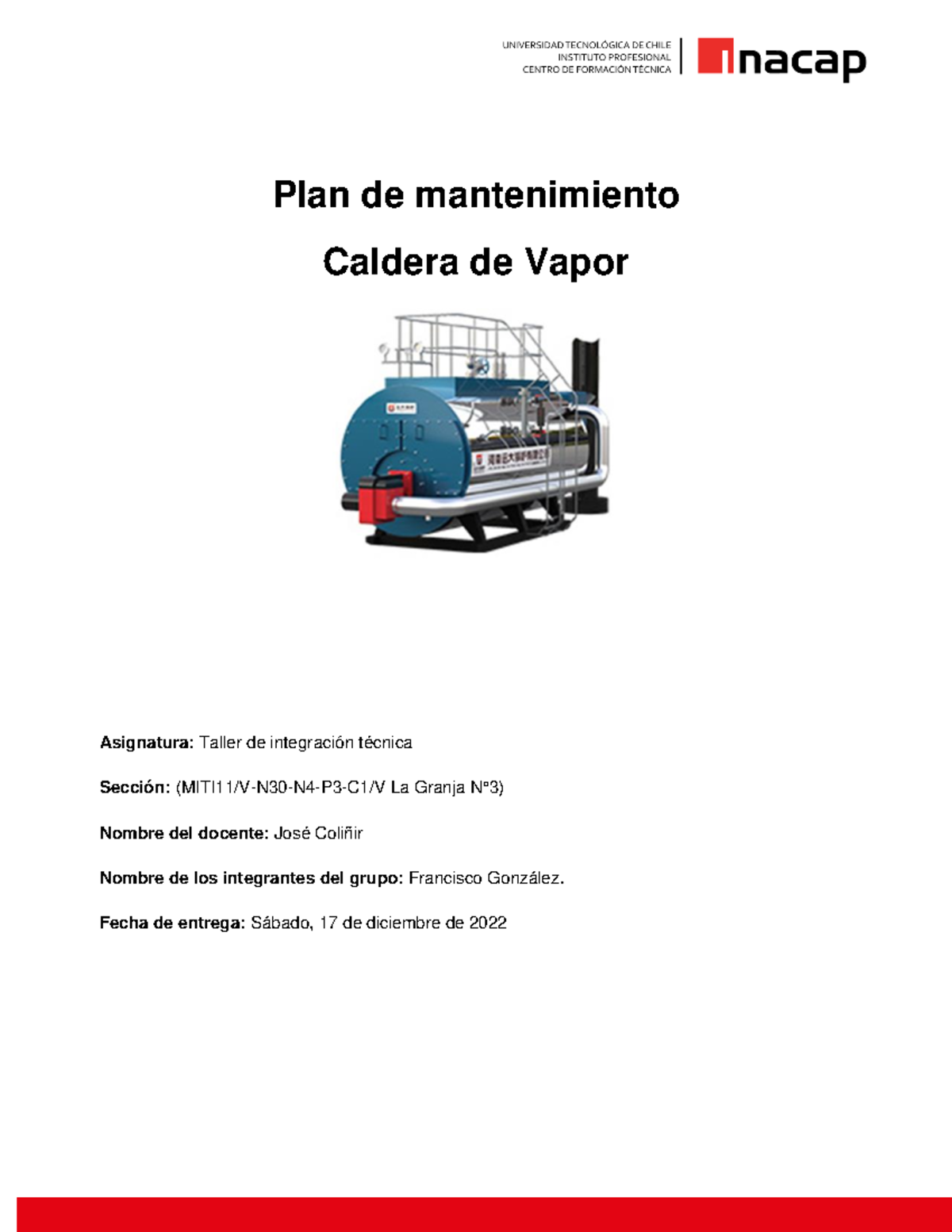 Plan de mantenimiento caldera de vapor 1 - Plan de mantenimiento Caldera de Vapor Asignatura ...