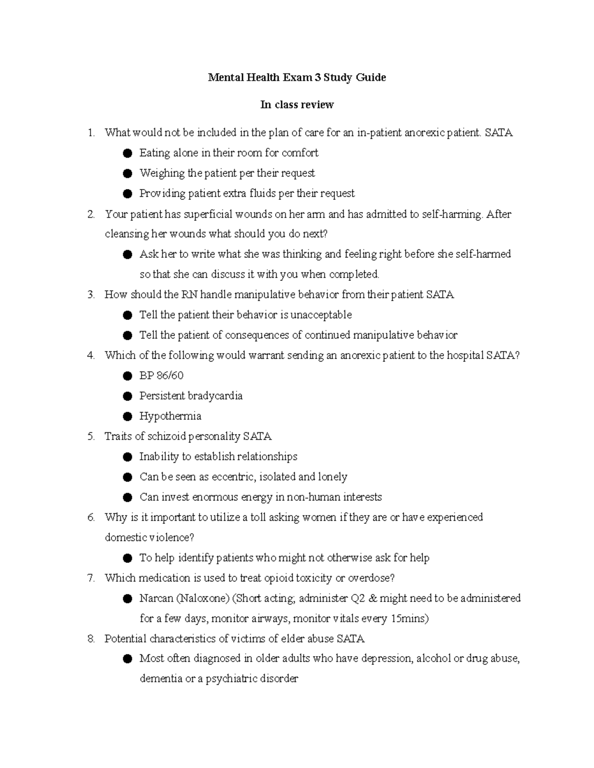 Mental Health Exam 3 Study Guide 2020 - Mental Health Exam 3 Study ...