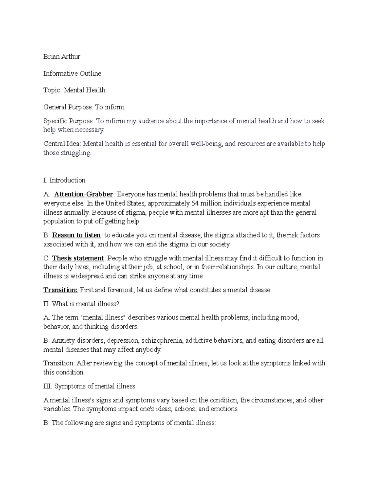 COMM HW2 - Outline of Informative Speech on Mental Health - Brian ...