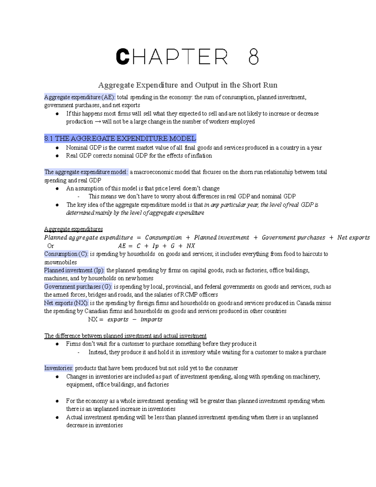Chapter 8 - Aggregate Expenditure and Output in the Short Run - Chapter 8 Aggregate Expenditure ...