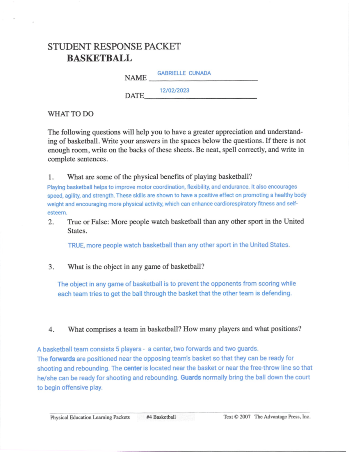 Basketball 1202 - N/A - STUDENT RESPONSE PACKET BASKETBALL GABRIELLE ...