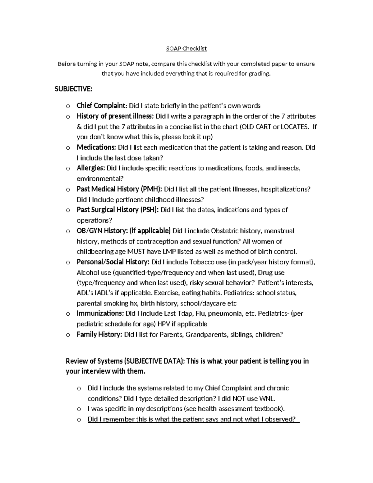 SOAP Checklist - SOAP guide - SOAP Checklist Before turning in your ...