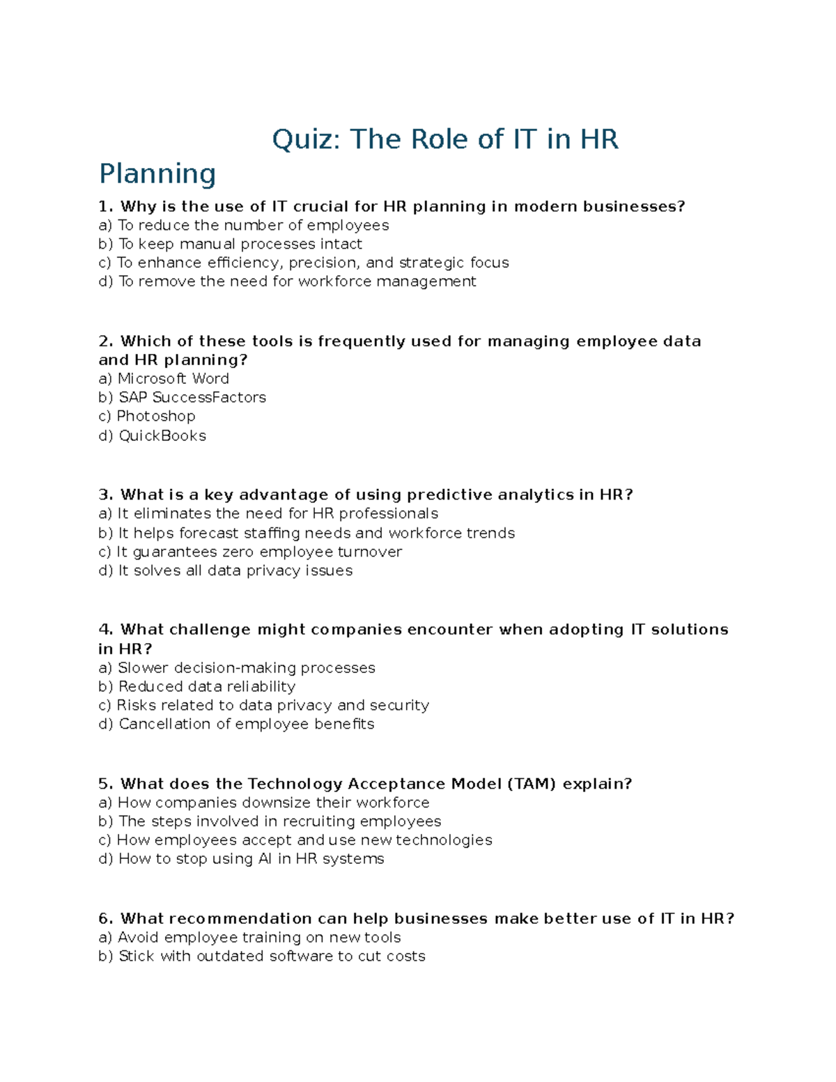 Information Technology Quiz - Quiz: The Role of IT in HR Planning 1 ...