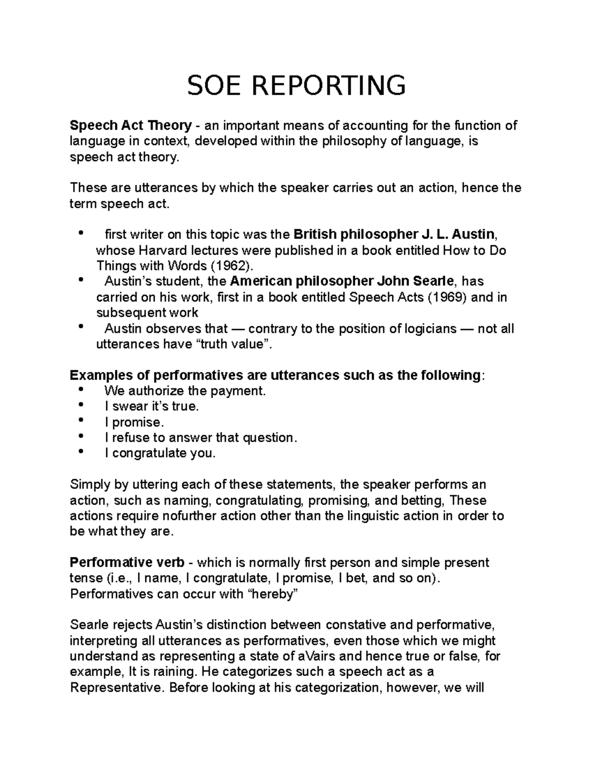 Speech Act Theory Summary SOE REPORTING Speech Act Theory An