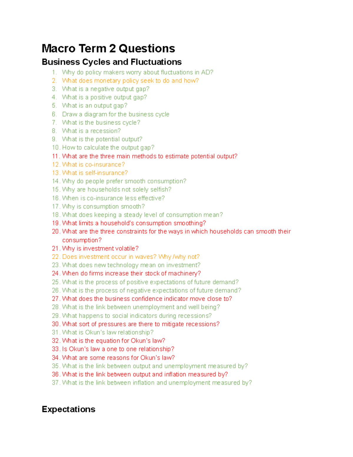 Macro Term 2 Questions - Macro Term 2 Questions Business Cycles and ...