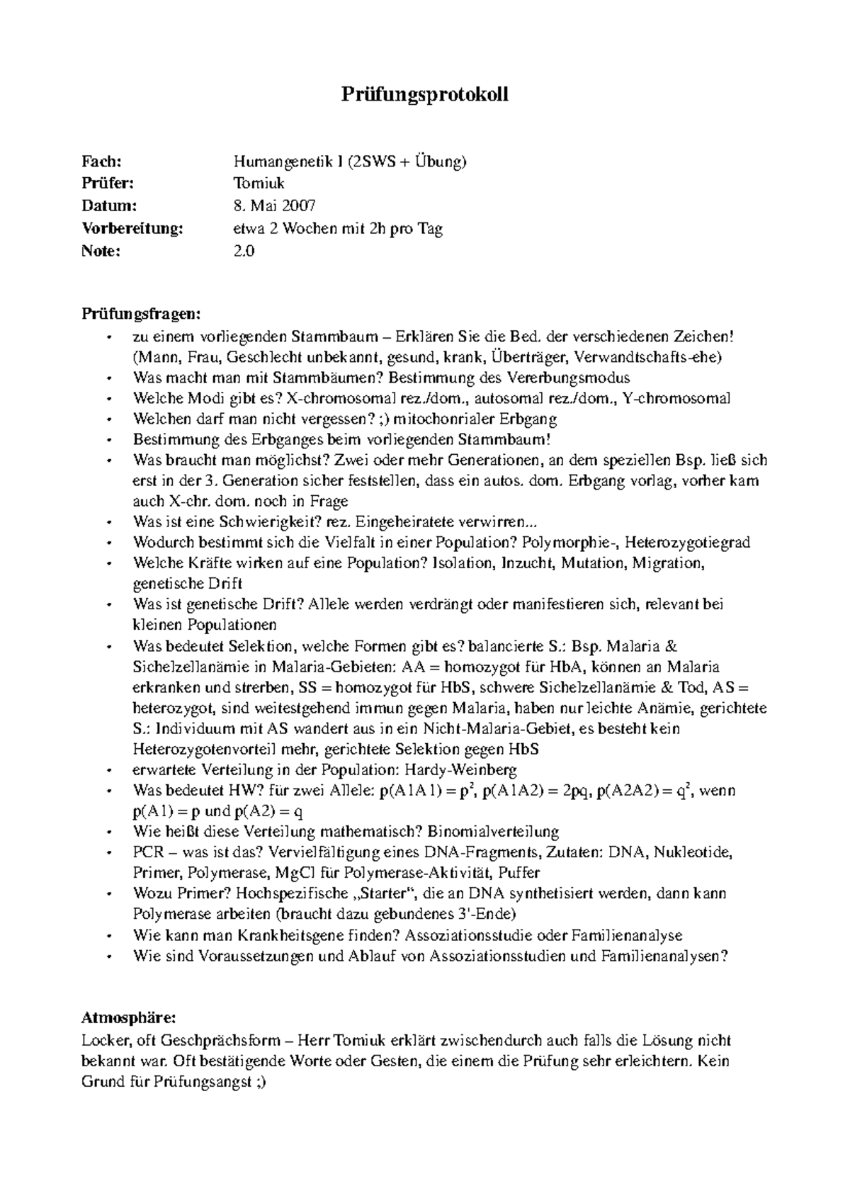 Protokoll 2007-05-08 672 - Fach: Datum: Vorbereitung: Note ...