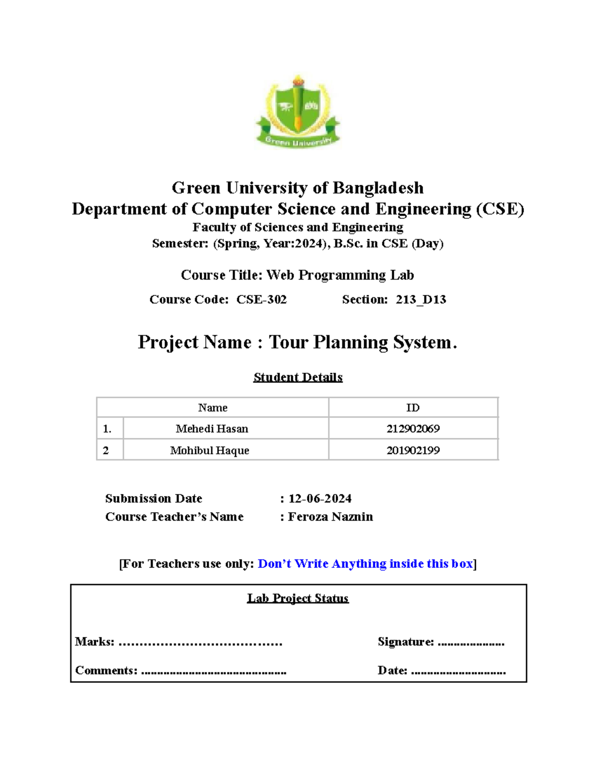 Web Project Report(Tour Planning System) - Green University of ...