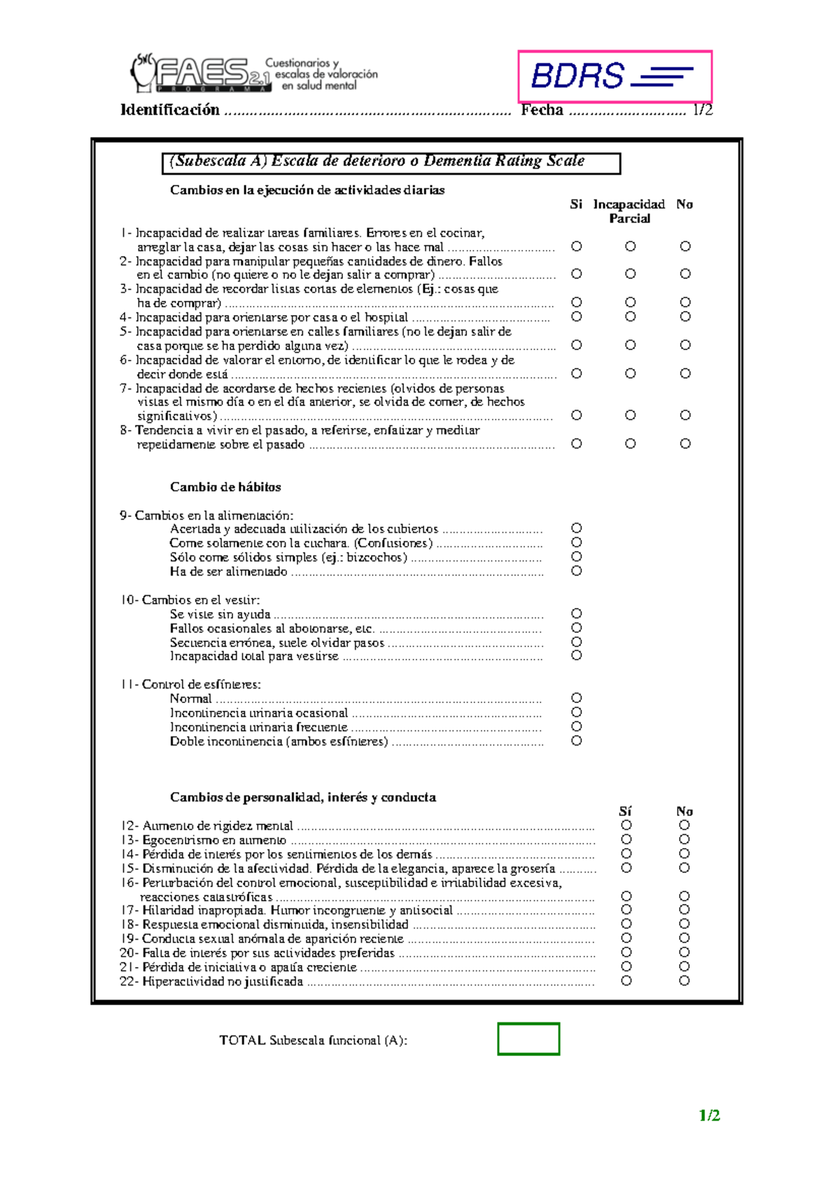 Escala de Demencia de Blessed (BDRS) - 1/ BDRS Identificación - Studocu