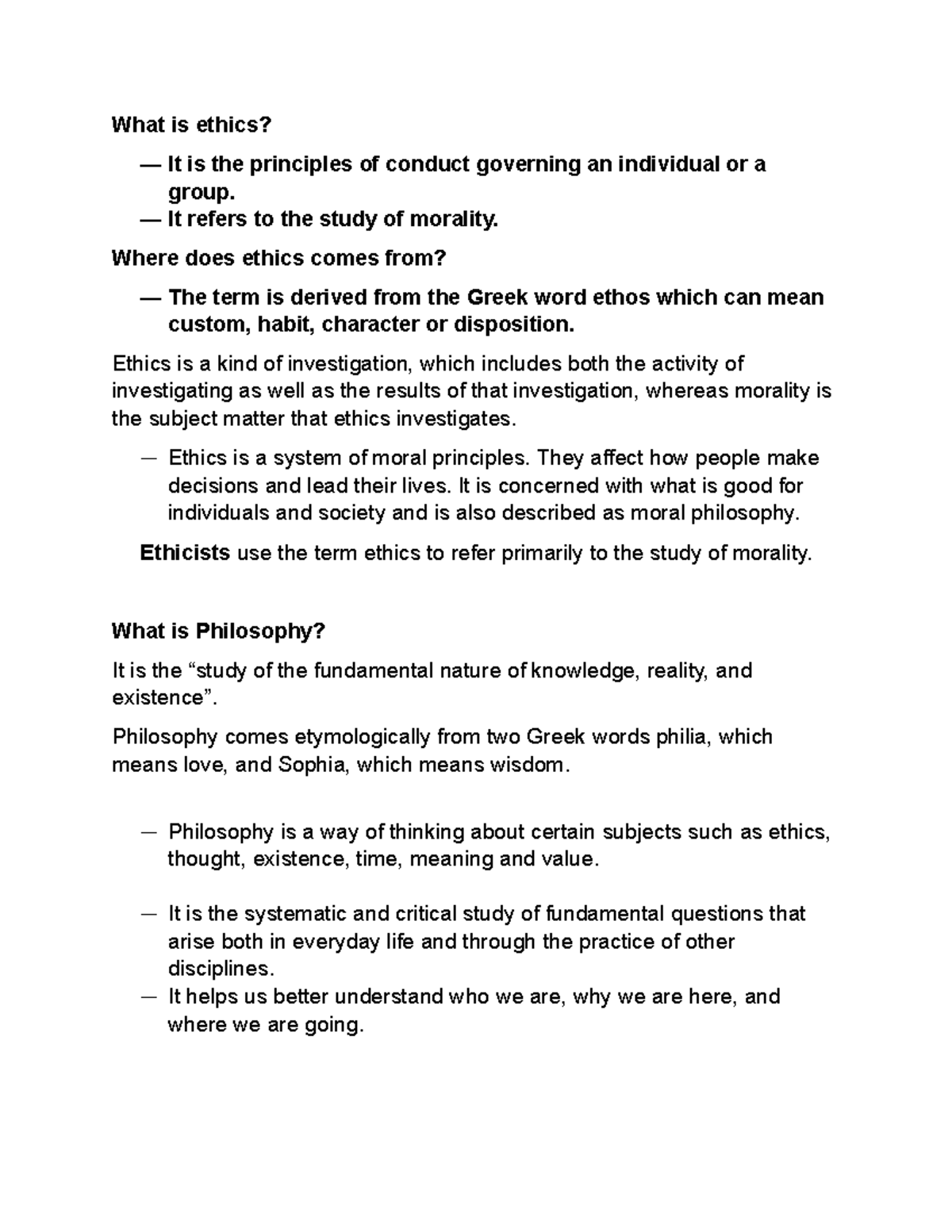 Ethics - Notes - What is ethics? — It is the principles of conduct ...