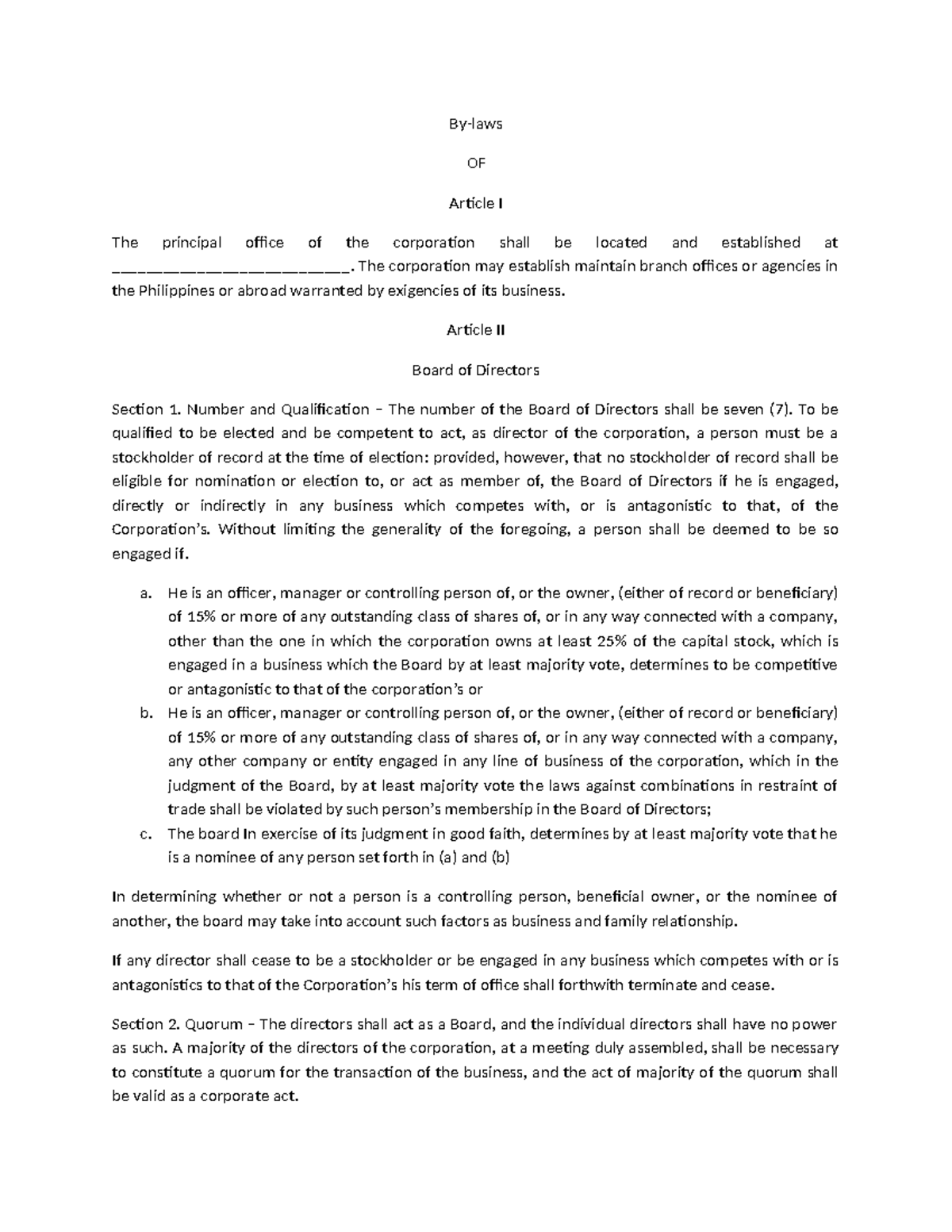 By-laws raw - by laws sample - By-laws OF Article I The principal ...