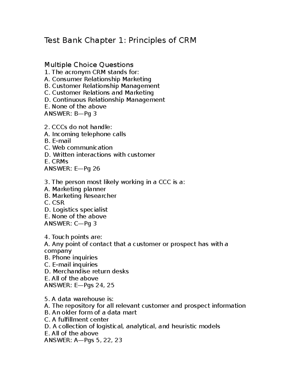 Principles of Customer Relationship Management 1st Edition - Test Bank ...