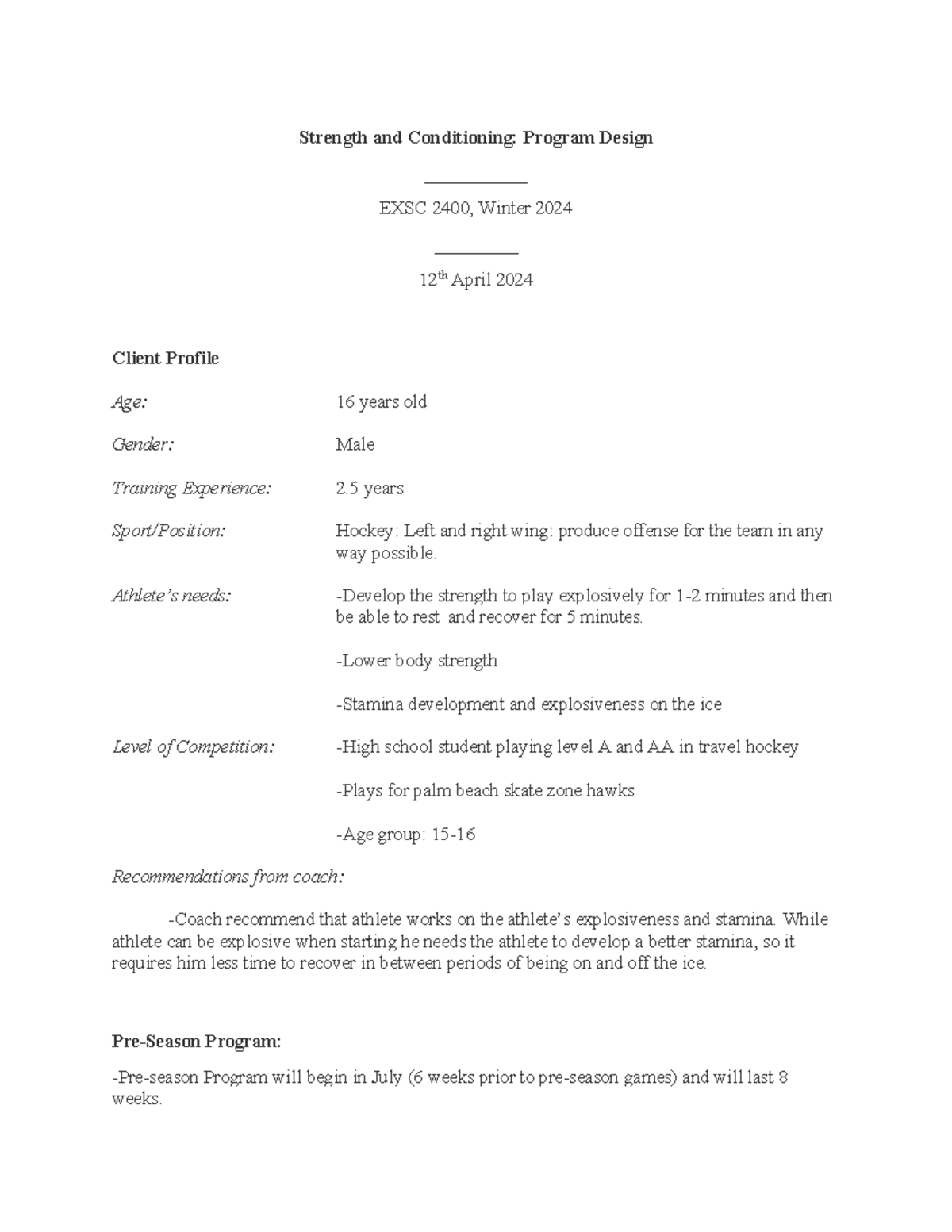 EXSC 2400: Strength and Conditioning Program Design - Strength and ...