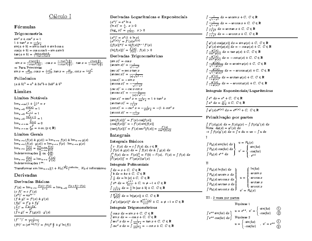 Folha Cálculo 1 Ficha C1 C ́alculo I F ́ormulas Trigonometria Sin 2