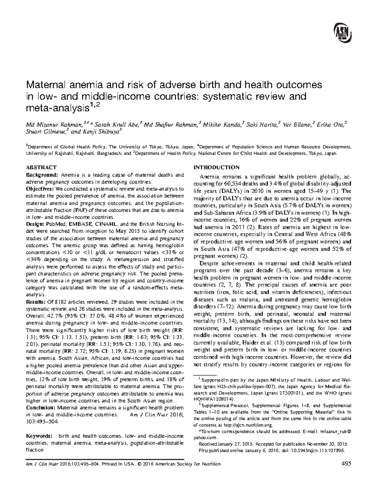 Maternal anemia and risk of adverse birth - Objectives: We conducted a ...