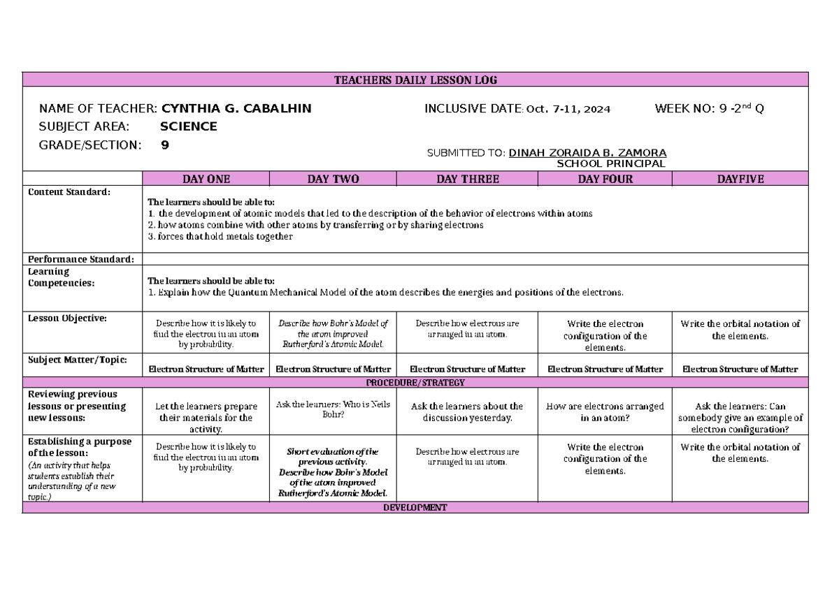 Science 9 DLL Week 3 - daily lesson log - TEACHERS DAILY LESSON LOG DAY ...