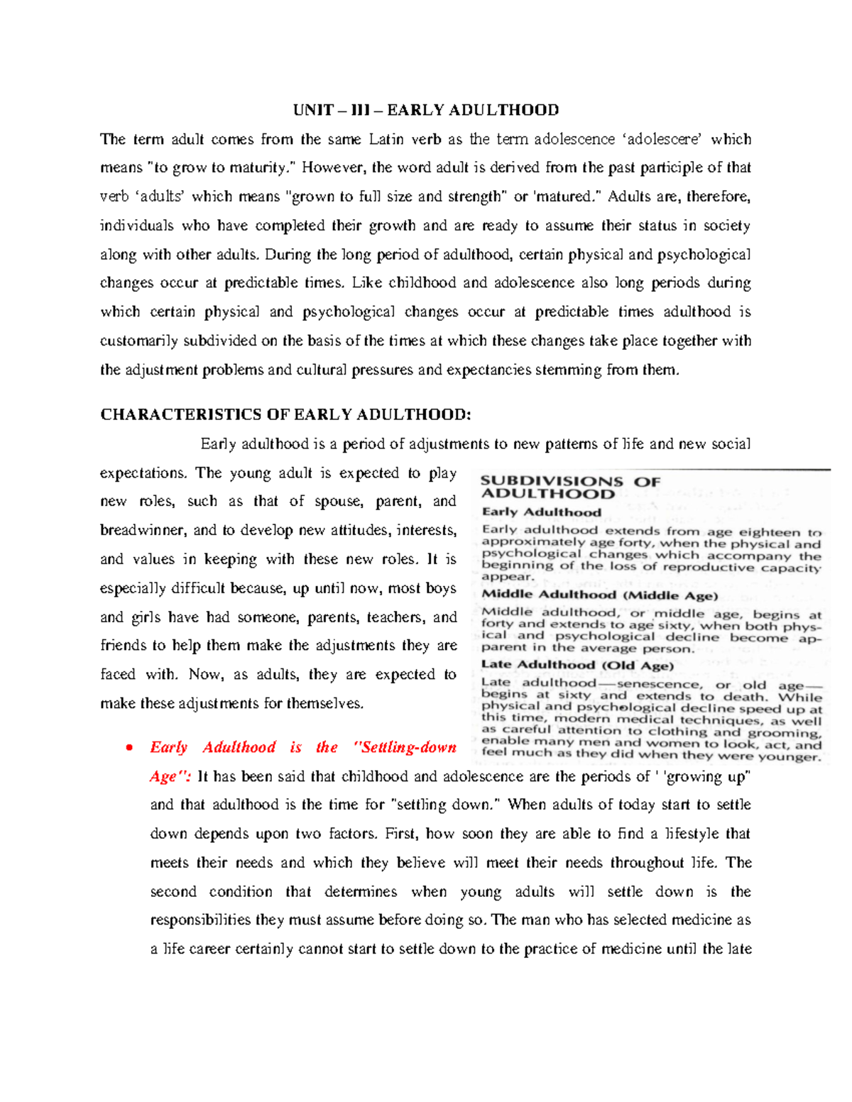 DP-2 UNIT-3 - Dp notes - UNIT – III – EARLY ADULTHOOD The term adult ...