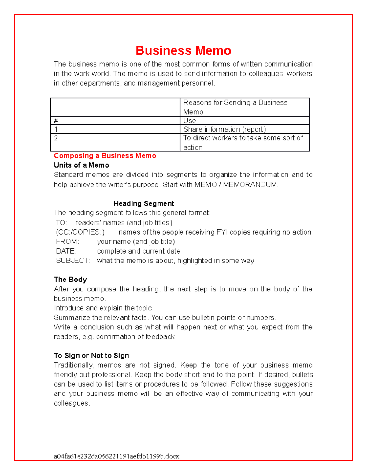 Business Memo - Business Memo The business memo is one of the most ...