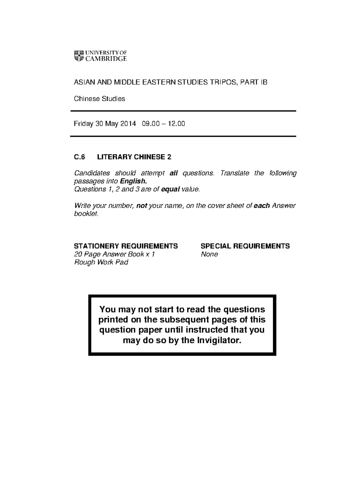 Exam 2014, questions - Exam 2 - ASIAN AND MIDDLE EASTERN STUDIES TRIPOS ...