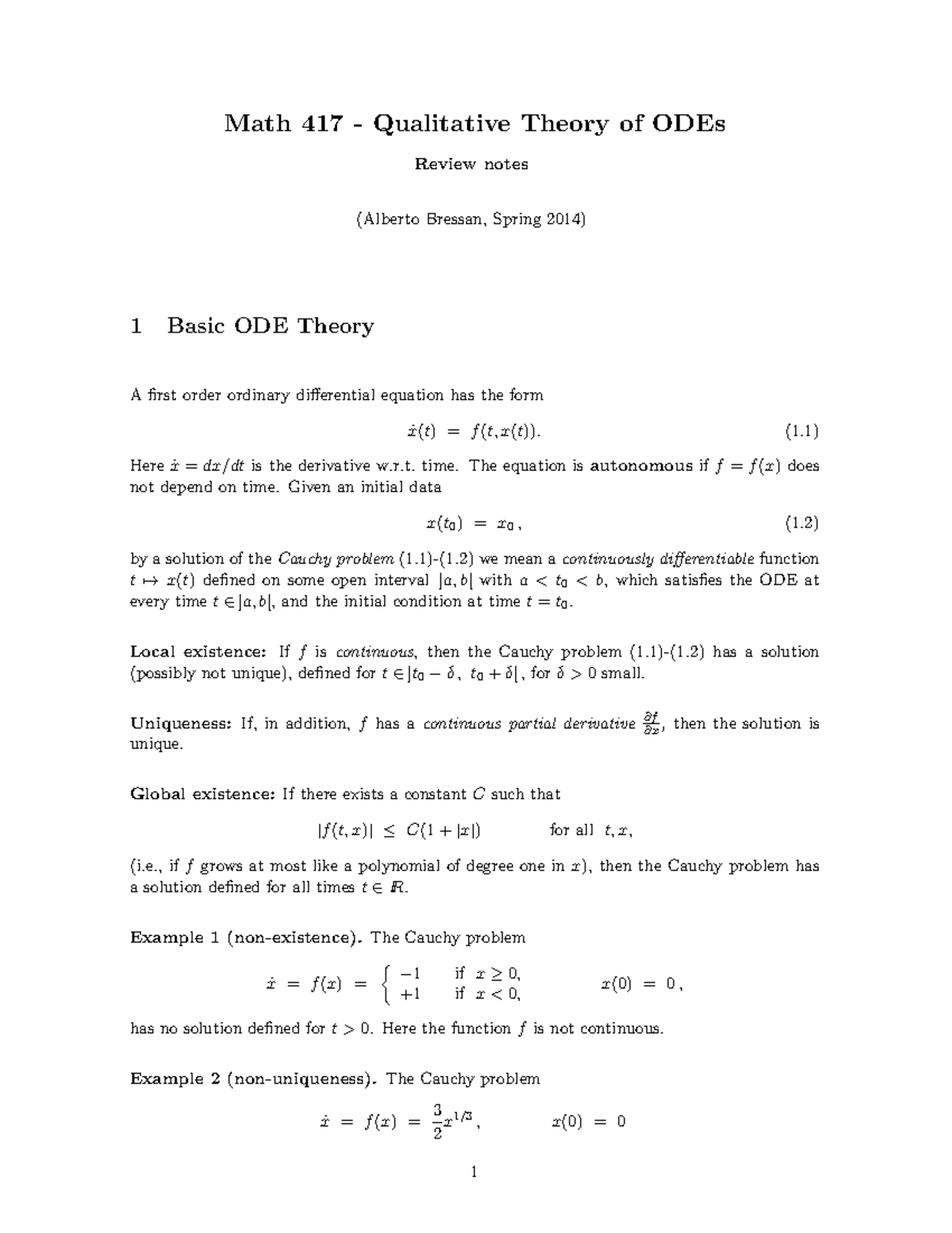 M417-review - uniqness - Math 417 - Qualitative Theory of ODEs Review ...