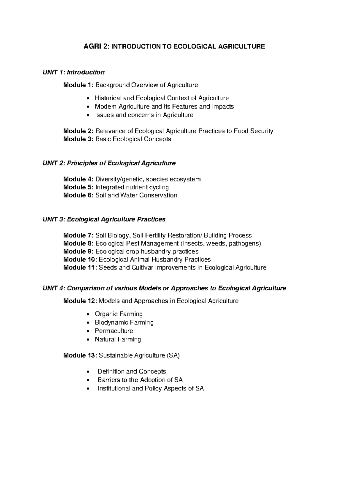 AGRI 2 Course Outline - Lecture notes - AGRI 2: INTRODUCTION TO ...