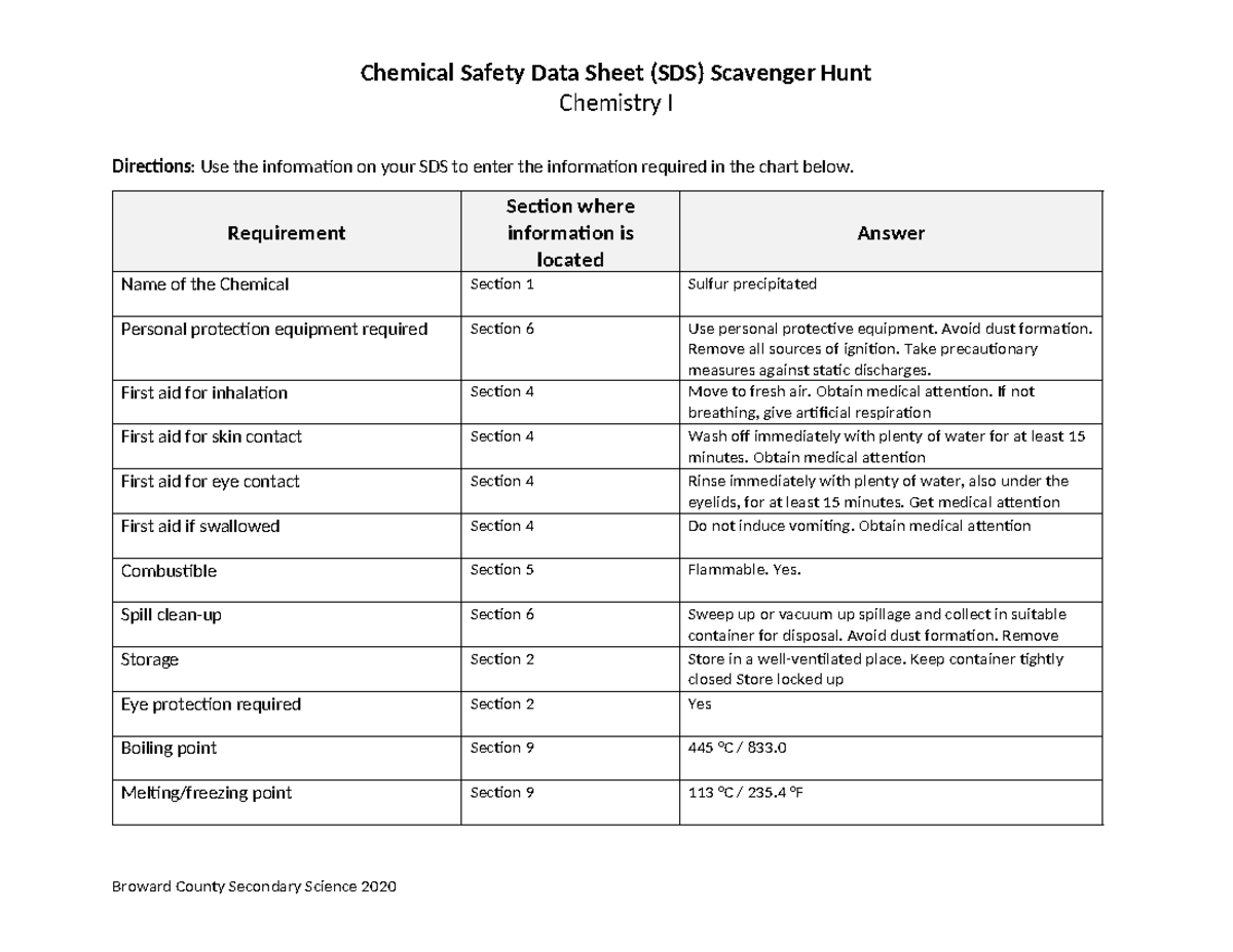 SDS Answer Organizer - Chemical Safety Data Sheet (SDS) Scavenger Hunt ...