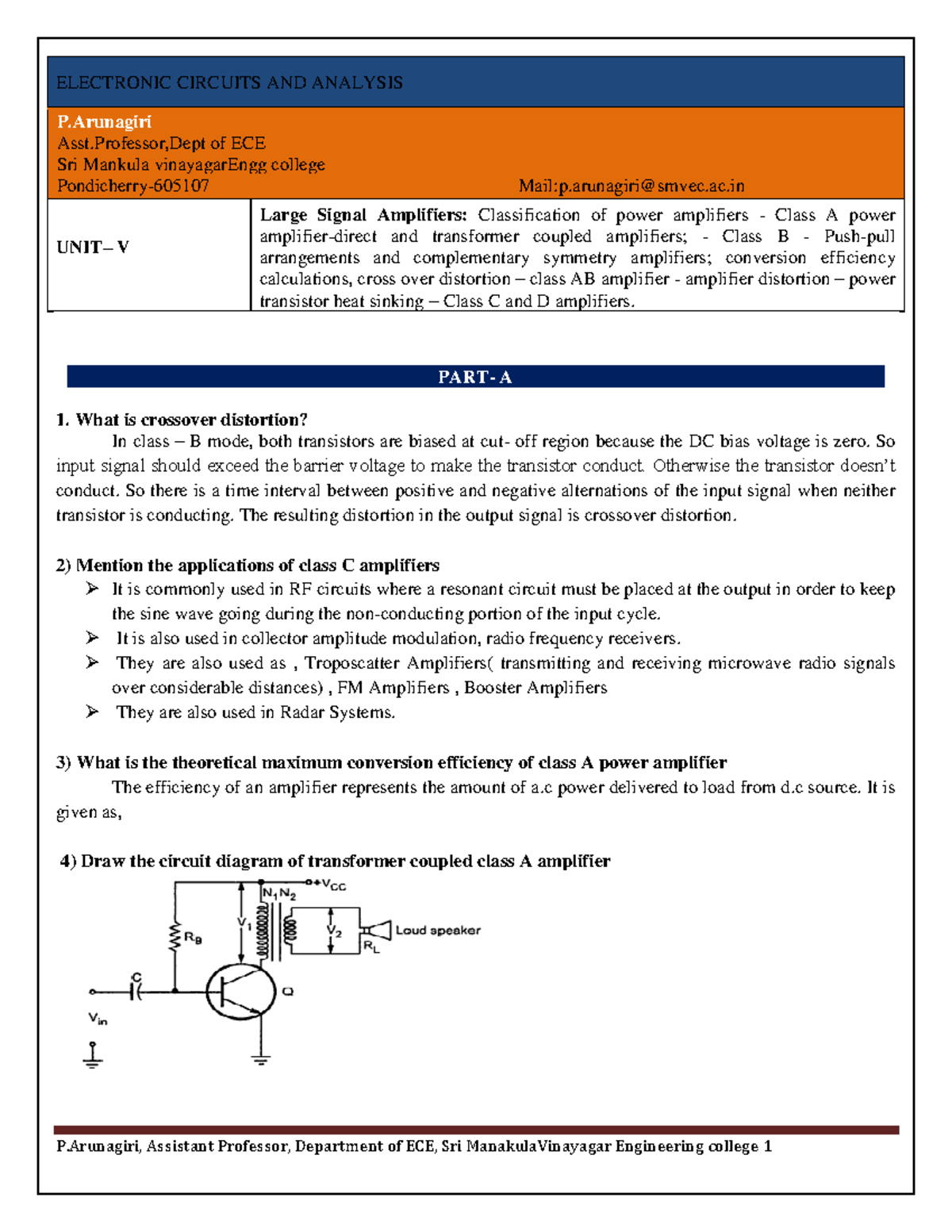 Unit 5 - all units eca notes - ELECTRONIC CIRCUITS AND ANALYSIS P Asst ...