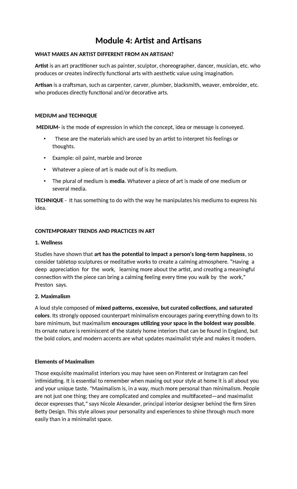 Module 4 word - lesson 4 - Module 4: Artist and Artisans WHAT MAKES AN ARTIST DIFFERENT FROM AN ...