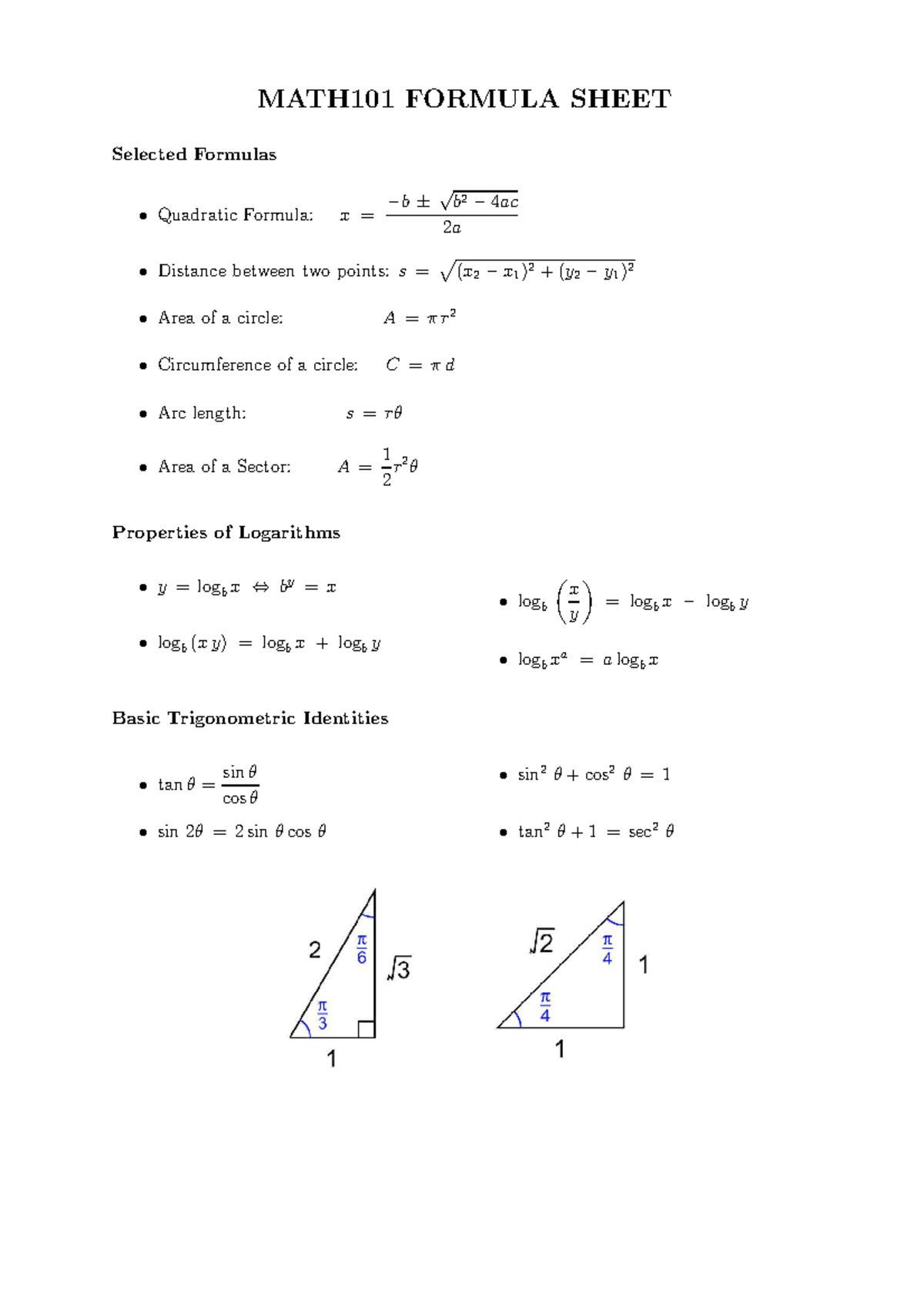 MATH exam formula sheet updated - MATH101 FORMULA SHEET Selected Formulas Quadratic Formula: x ...
