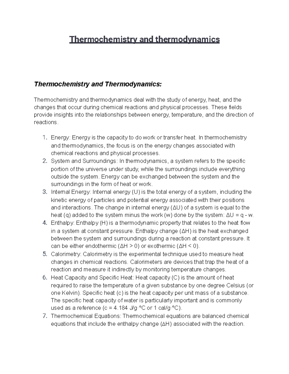 Notes on Thermochemistry and thermodynamics - Thermochemistry and ...