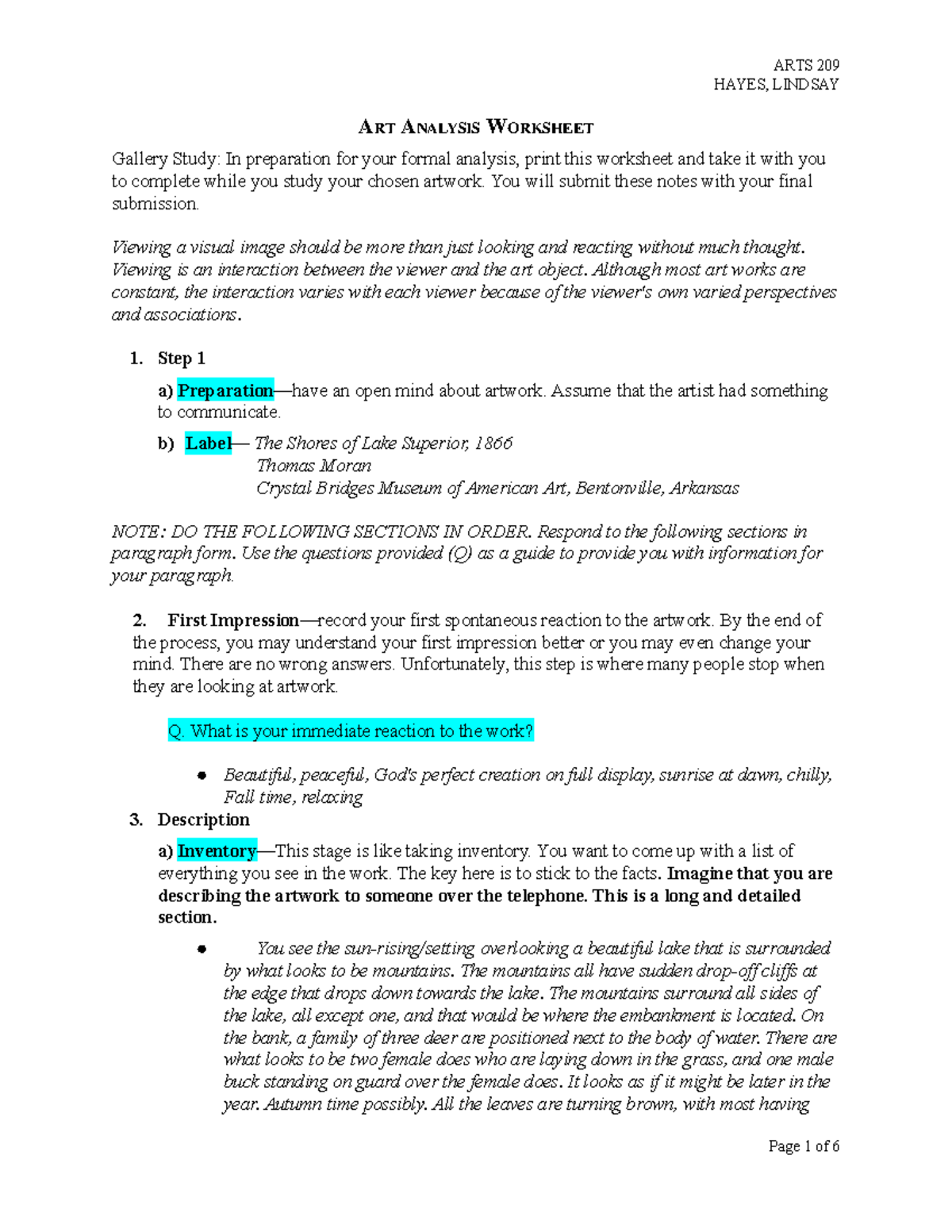 Analysis Worksheet Hayes Lindsay - HAYES, LINDSAY ARTANALYSISWORKSHEET ...