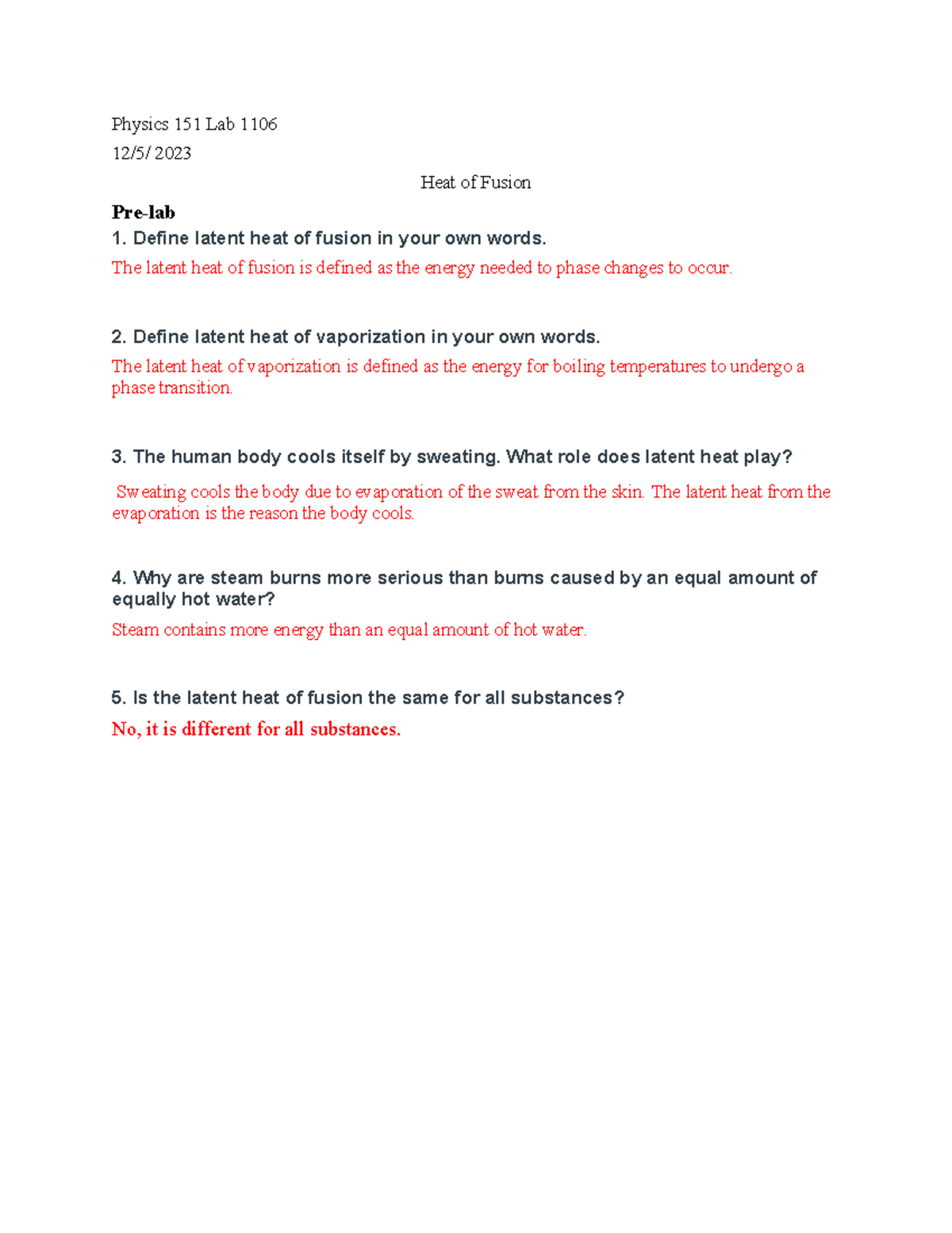 Pre-lab Questions - Physics 151 Lab 1106 12/5/ 2023 Heat of Fusion Pre ...