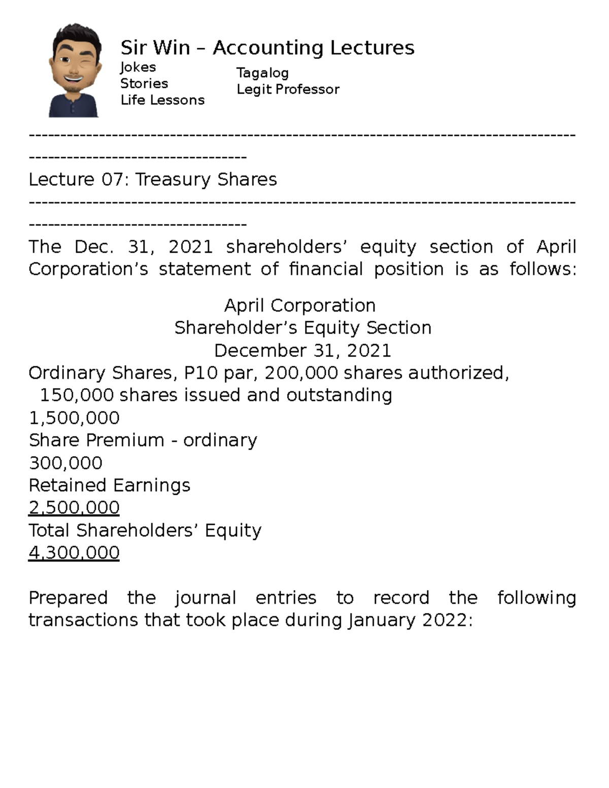 Treasury Shares - Sir Win – Accounting Lectures Jokes Stories Life ...