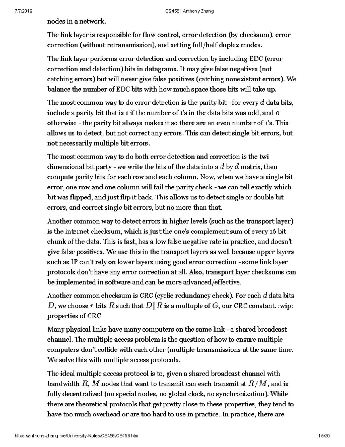 CS456 Notes-15 - CS456 Anthony Zhang nodes in a network. The link layer ...