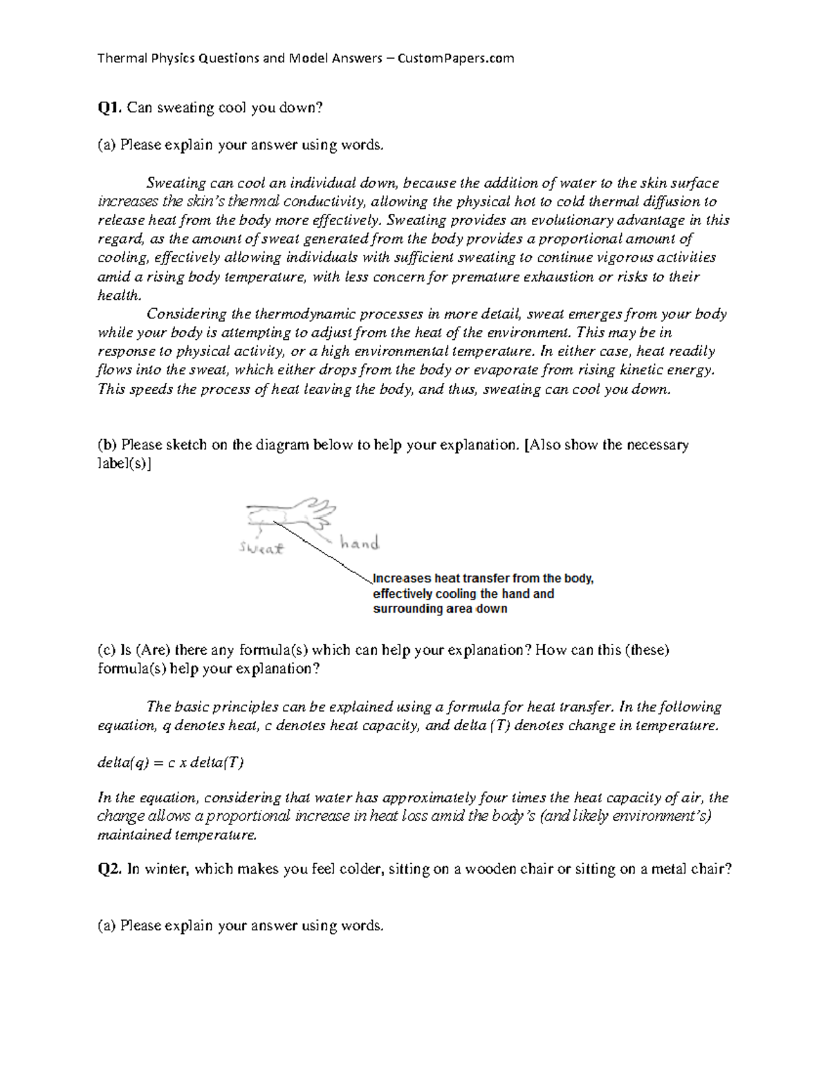 Thermal physics questions answers - Q1. Can sweating cool you down? (a ...