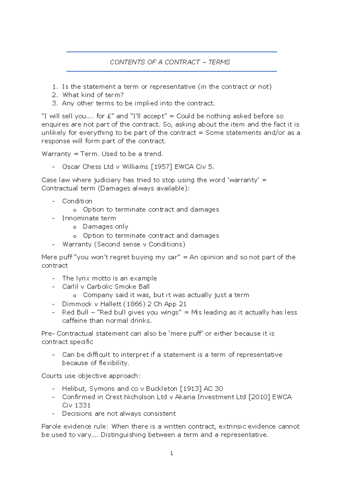 Contents OF A Contract – Terms - CONTENTS OF A CONTRACT – TERMS Is the ...