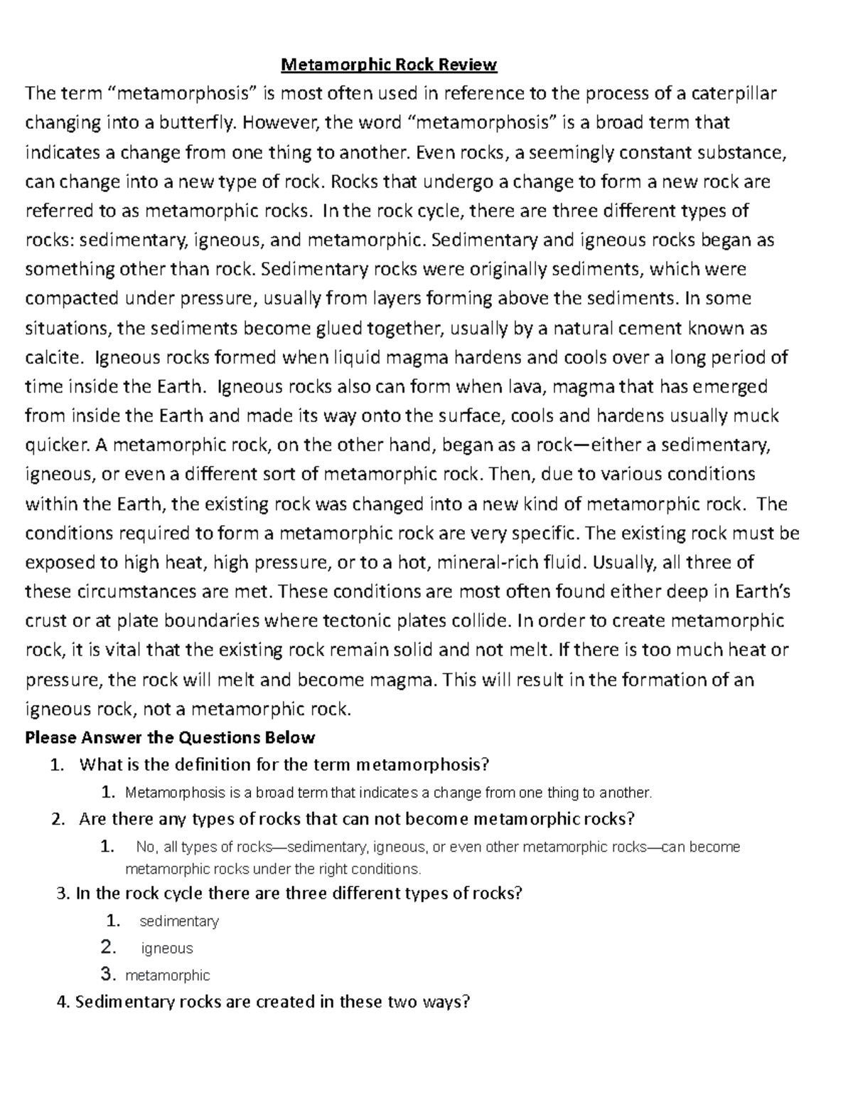 Copy of Quick Review Before Metamorphic Rock Hands On Identification ...