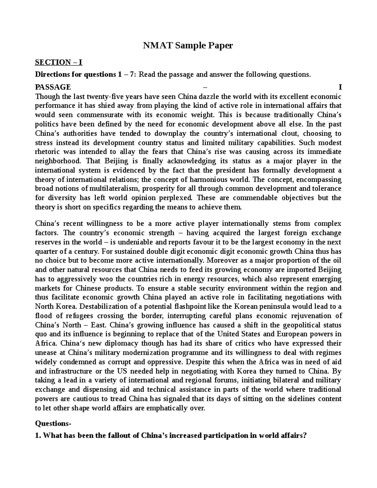 NMAT Test Model Question Paper - NMAT Sample Paper SECTION – I ...