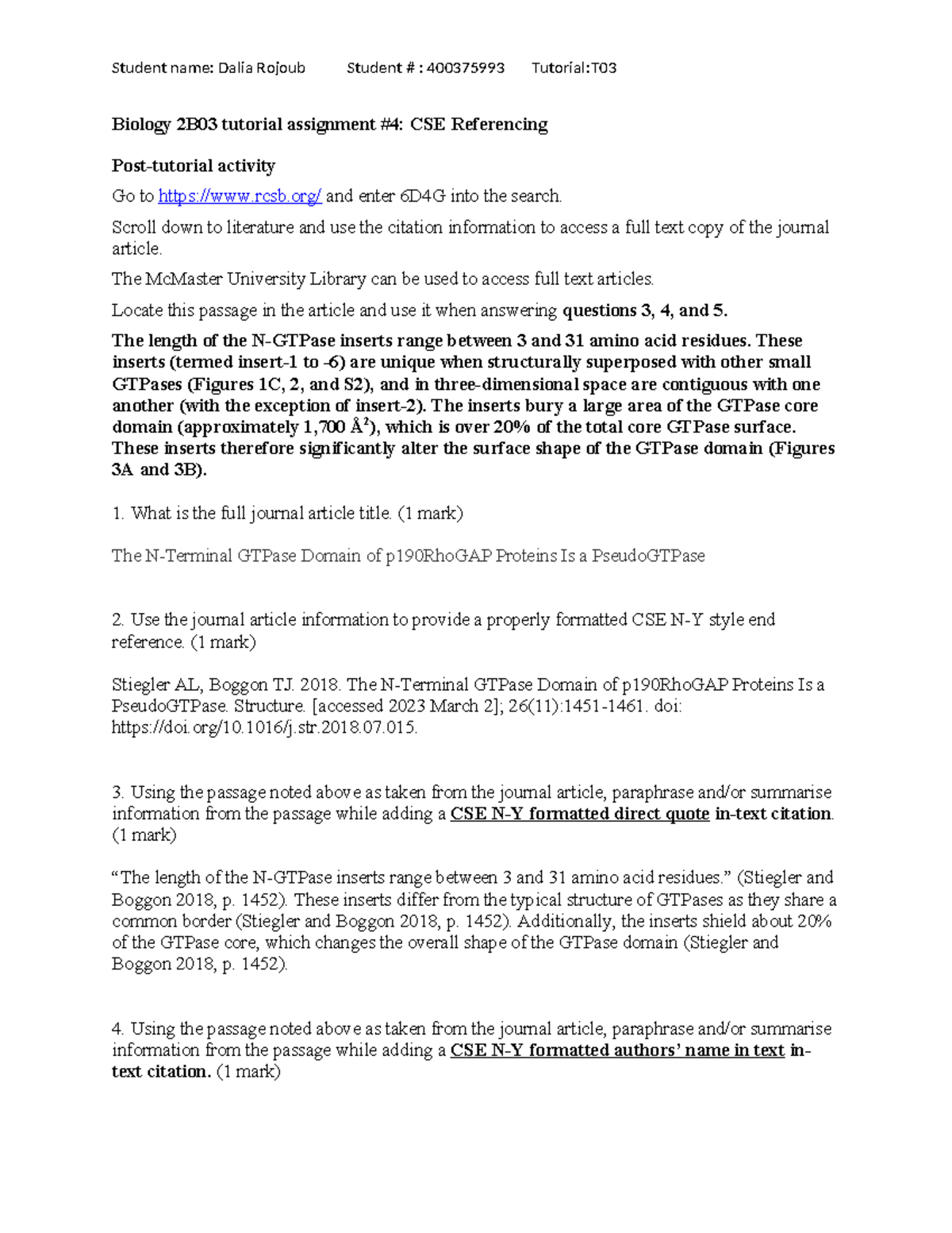 W23 Bio 2B03 Assignment 4 - CSE referencing - Student name: Dalia Rojoub Student # : 400375993 ...