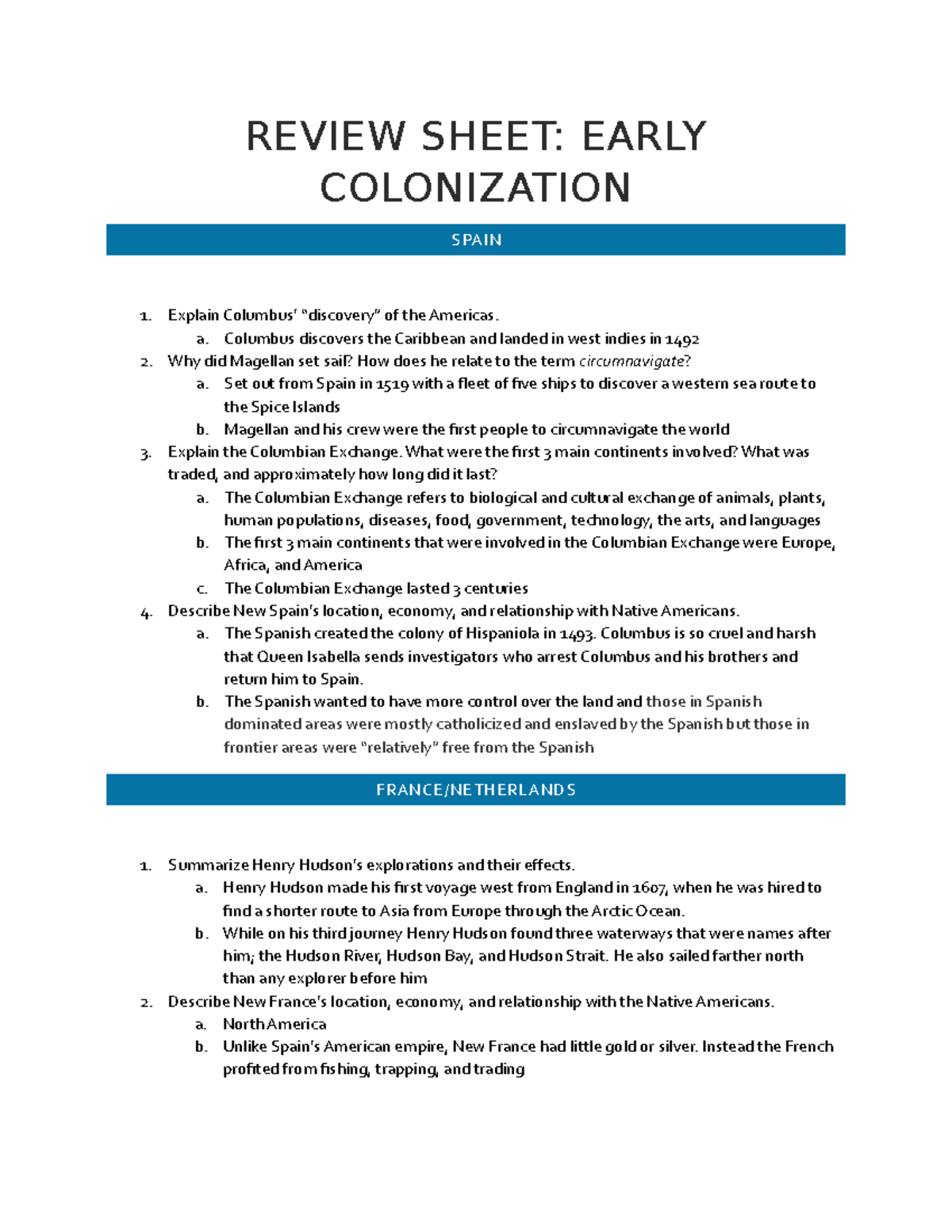 History Review Sheet Early Colonization - REVIEW SHEET: EARLY ...