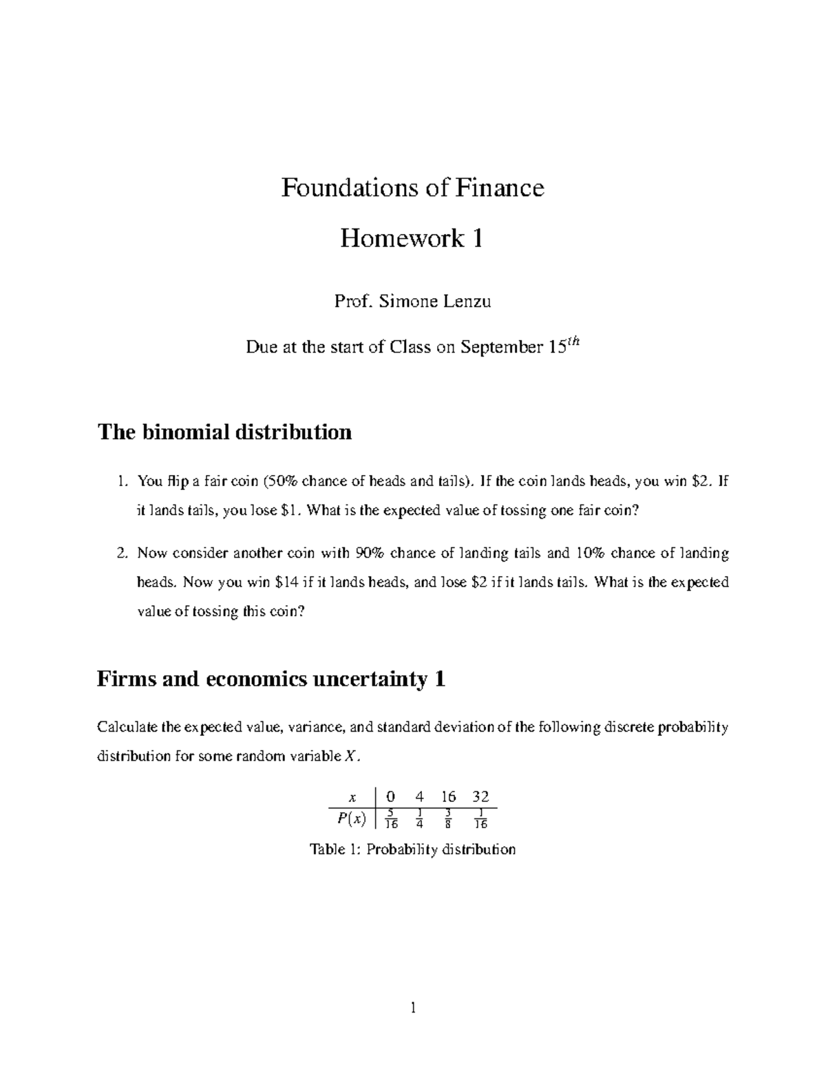 Homework 1 - Foundations of Finance Homework 1 Prof. Simone Lenzu Due ...