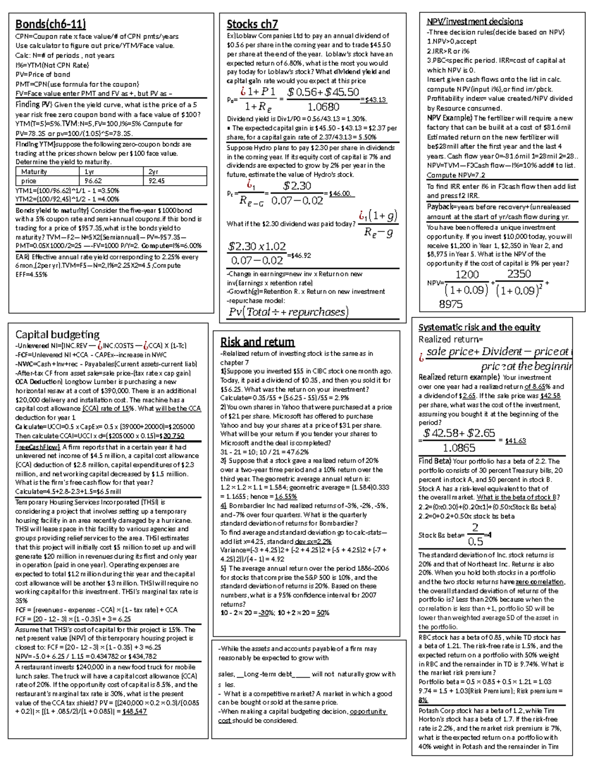 Fin300Cheatsheet - NOTES - Bonds(ch6-11) CPN=Coupon rate x face value ...