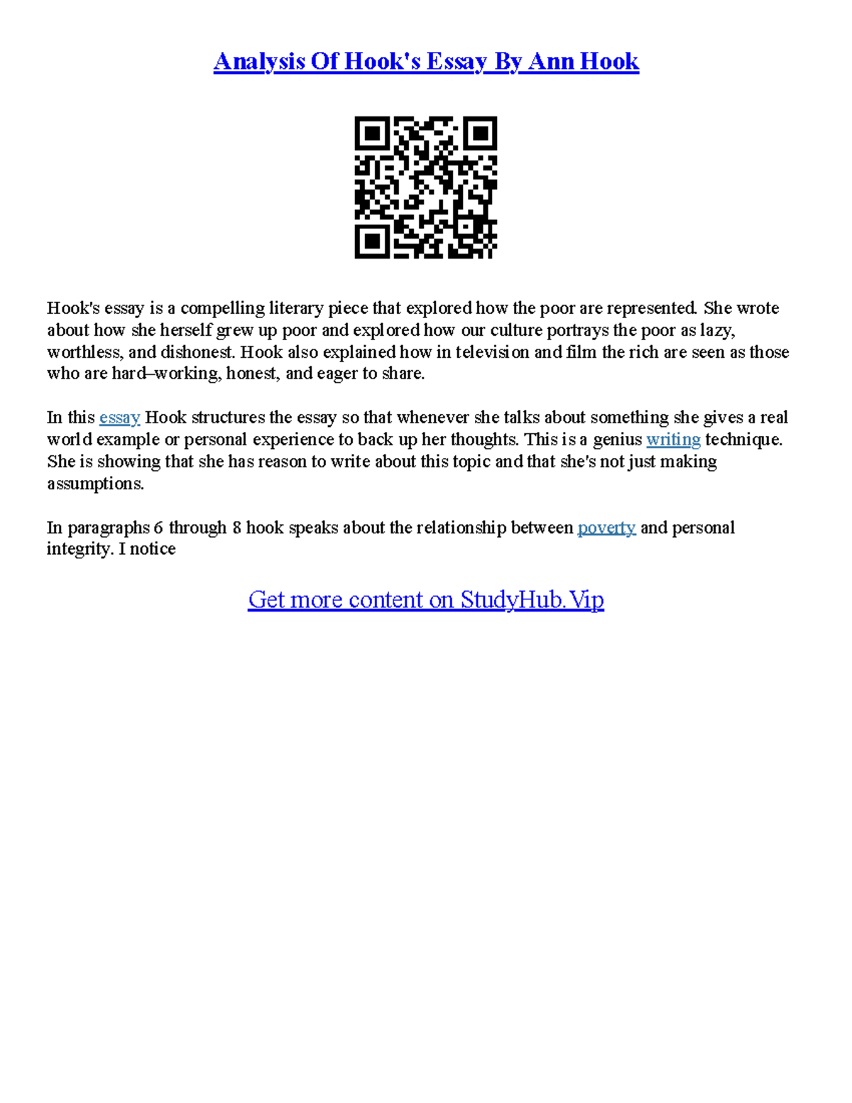 Examples Of A Hook In An Essay - Analysis Of Hook's Essay By Ann Hook ...