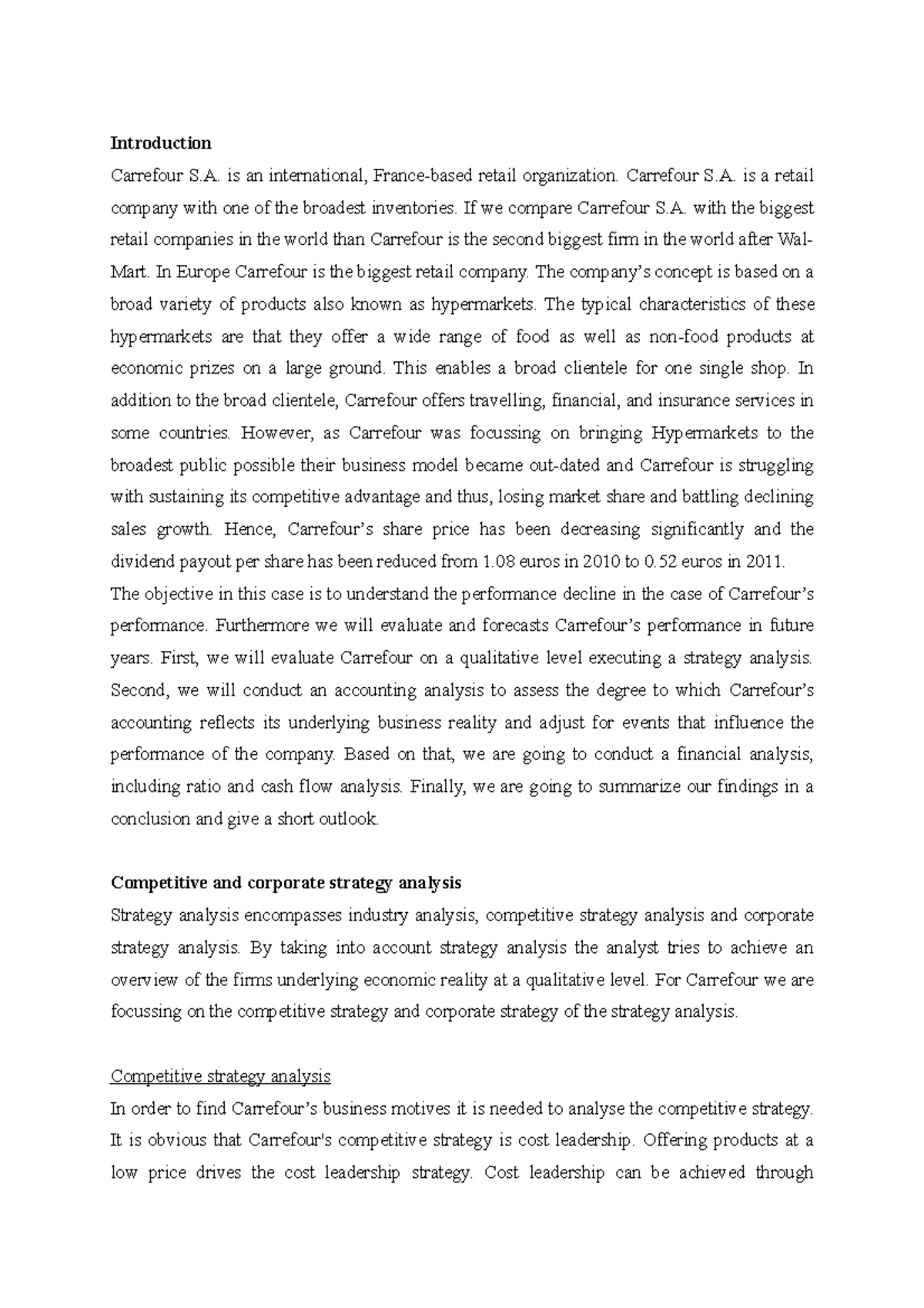 Carrefour Strategy analysis - Introduction Carrefour S. is an ...