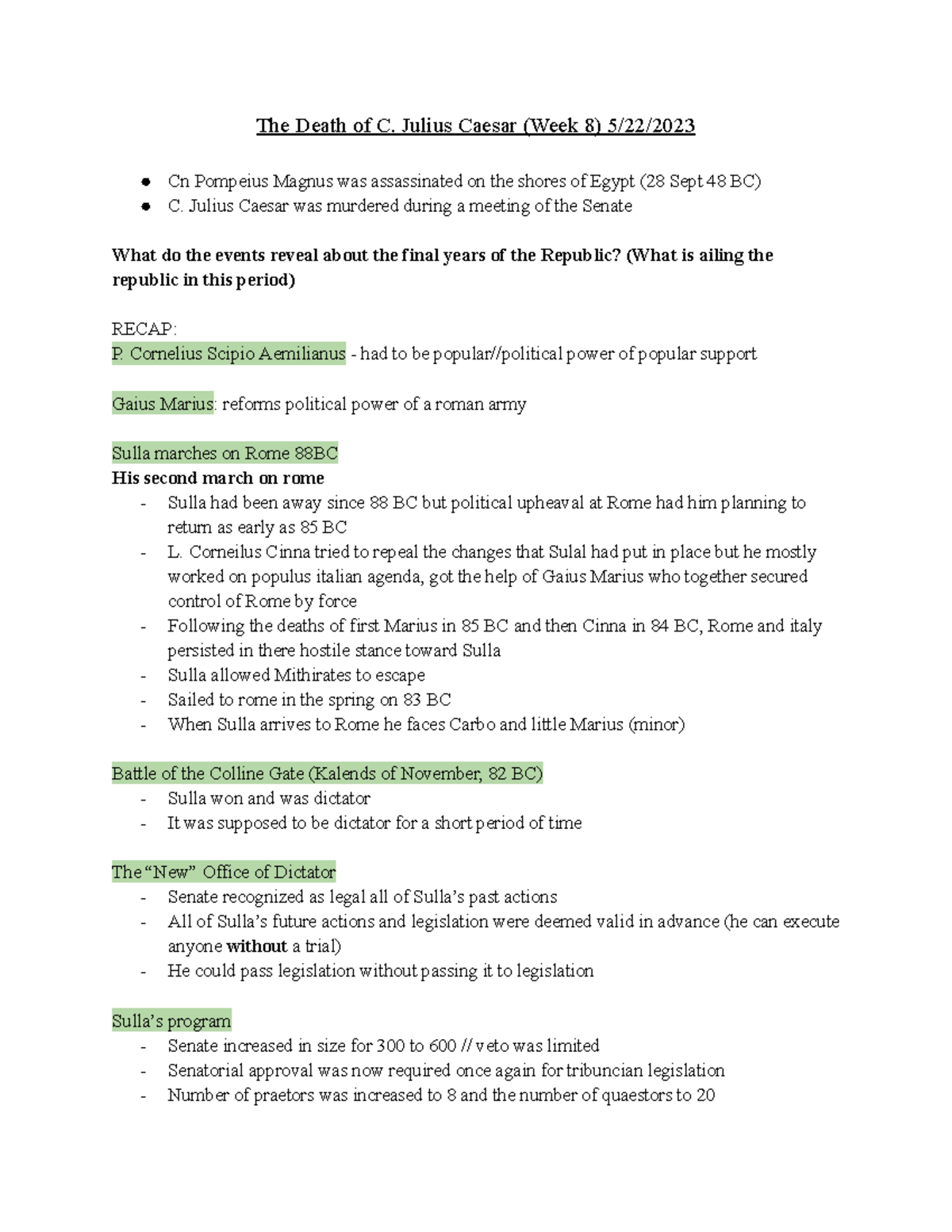 CLA10C notes - The Death of C. Julius Caesar (Week 8) 5/22/ Cn Pompeius ...