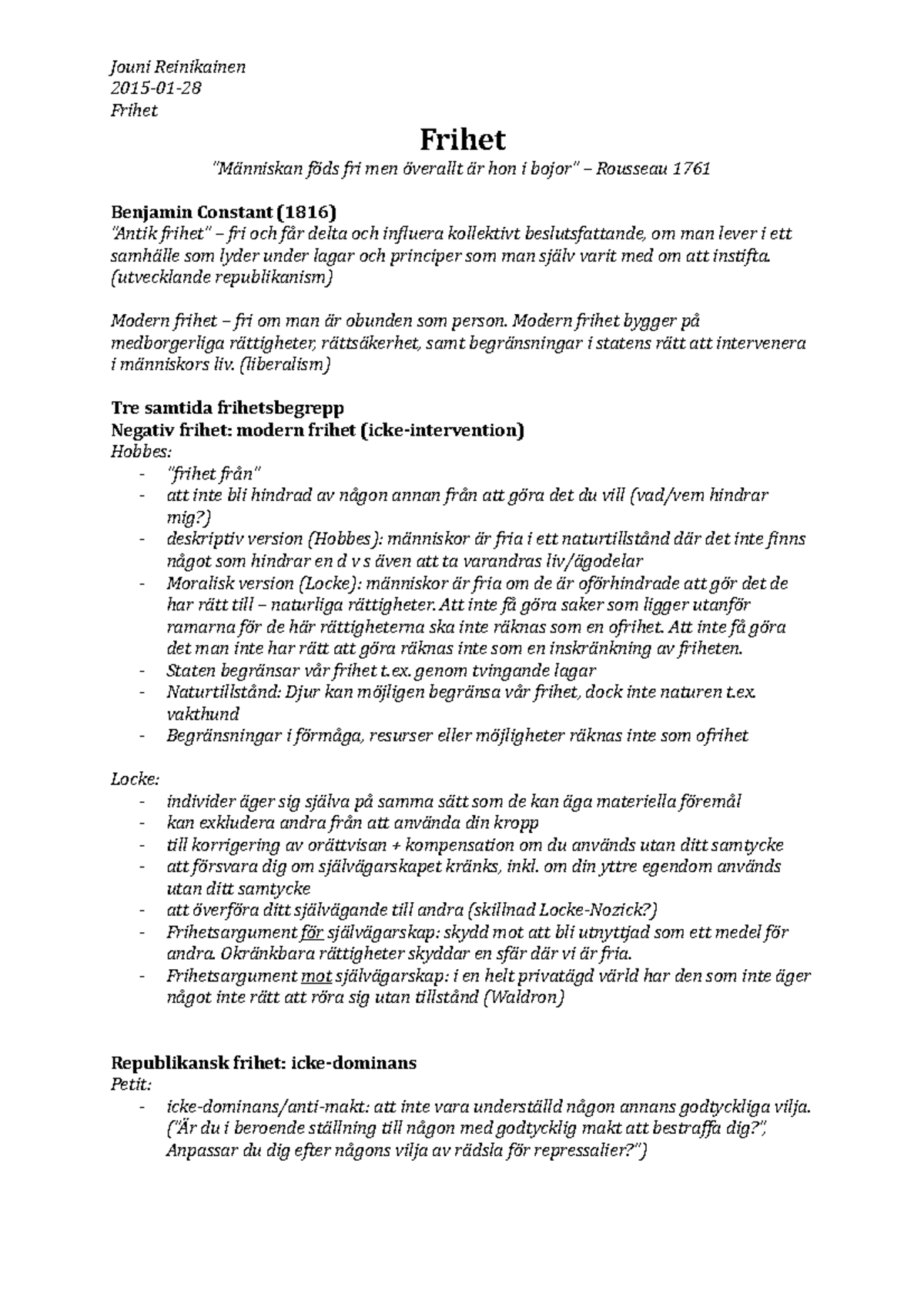 Politisk teori - Frihet, anteckningar - Jouni Reinikainen 2015-01-28 ... Politisk teori - Frihet, anteckningar - Jouni Reinikainen 2015-01-28 ...