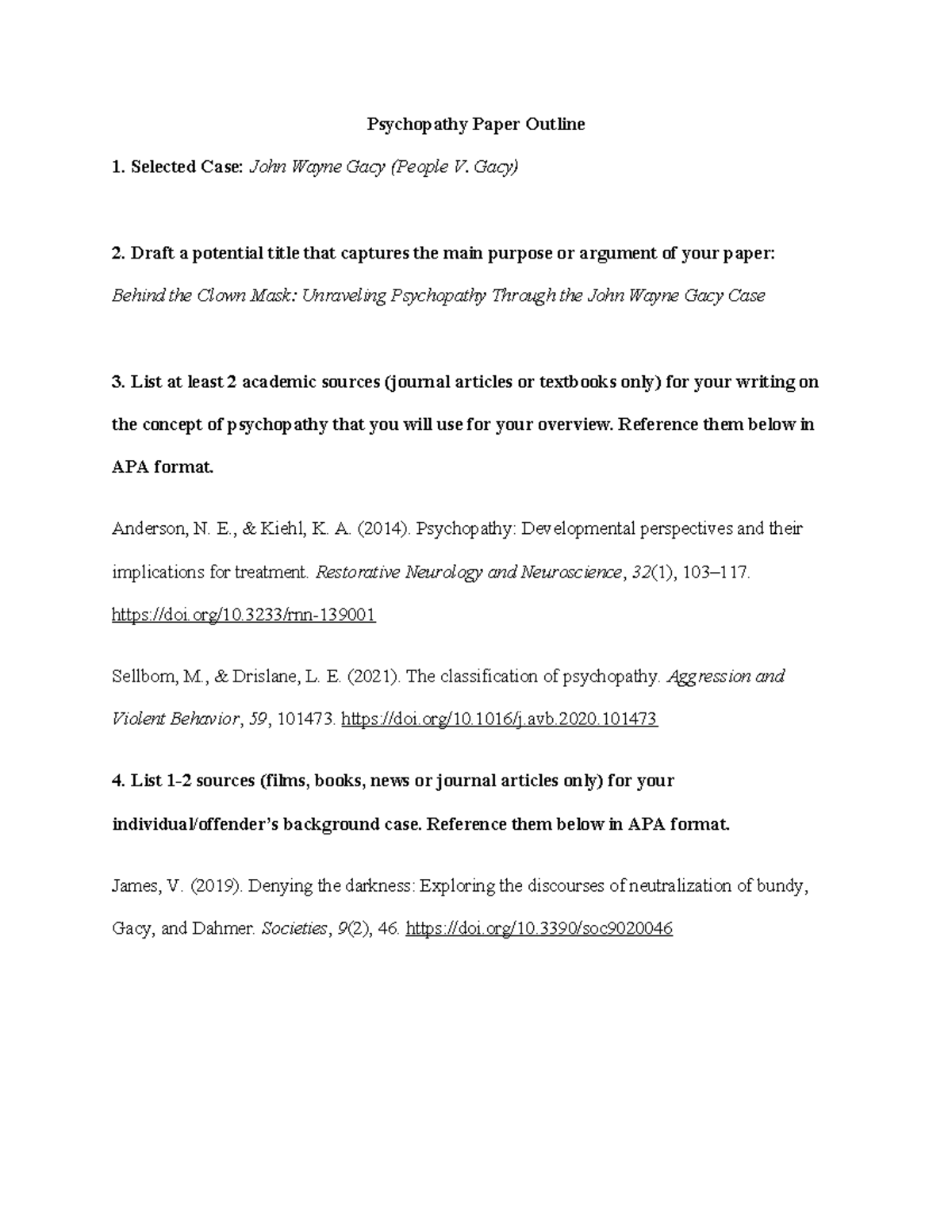 CS210 - Paper Outline - Psychopathy Paper Outline Selected Case: John ...