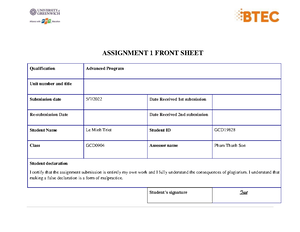3.1-736- Frontsheet 1-ASM1 (2ND) - ASSIGNMENT 1 FRONT SHEET Qualification BTEC Level 4 HND ...