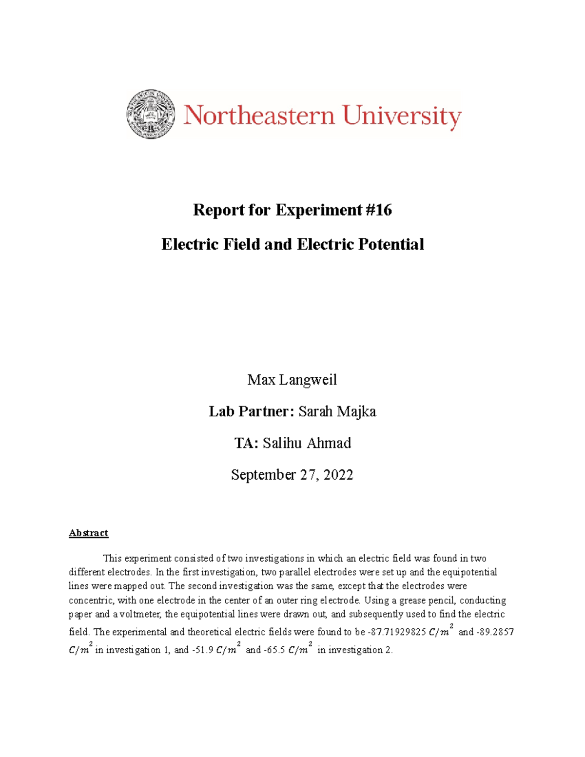 Lab Exp.16 - Google Docs - Report for Experiment Electric Field and ...
