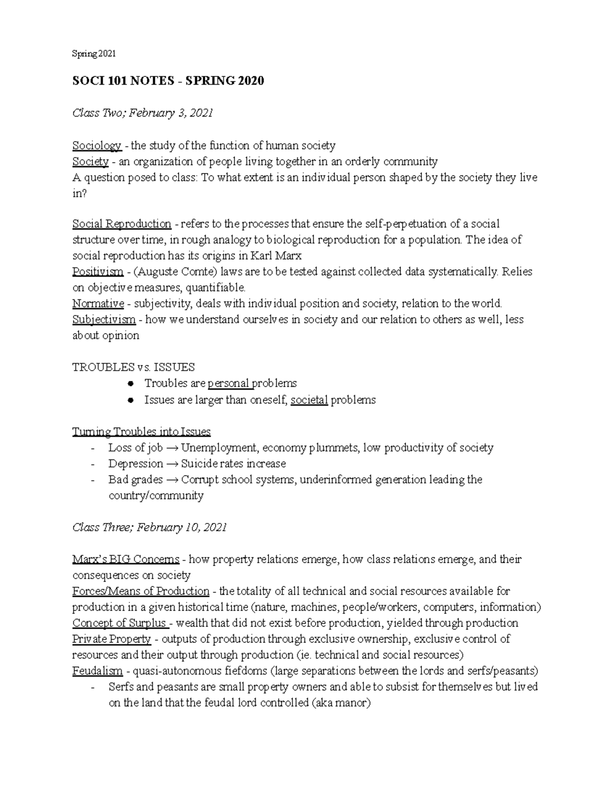 Sociology 101 Notes - Spring 2021 - SOCI 101 NOTES - SPRING 2020 Class ...