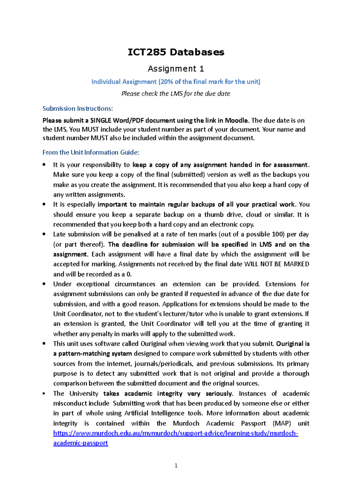 ICT285 Assignment 1 - ICT285 Databases Assignment 1 Individual Assignment (20% of the final mark ...